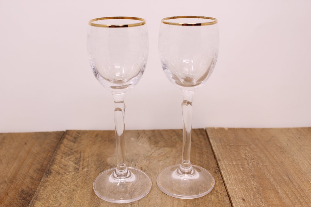 2 Tall Scroll Etched Clear Glass Cordial / Sherry/ Liqueur Glasses ...
