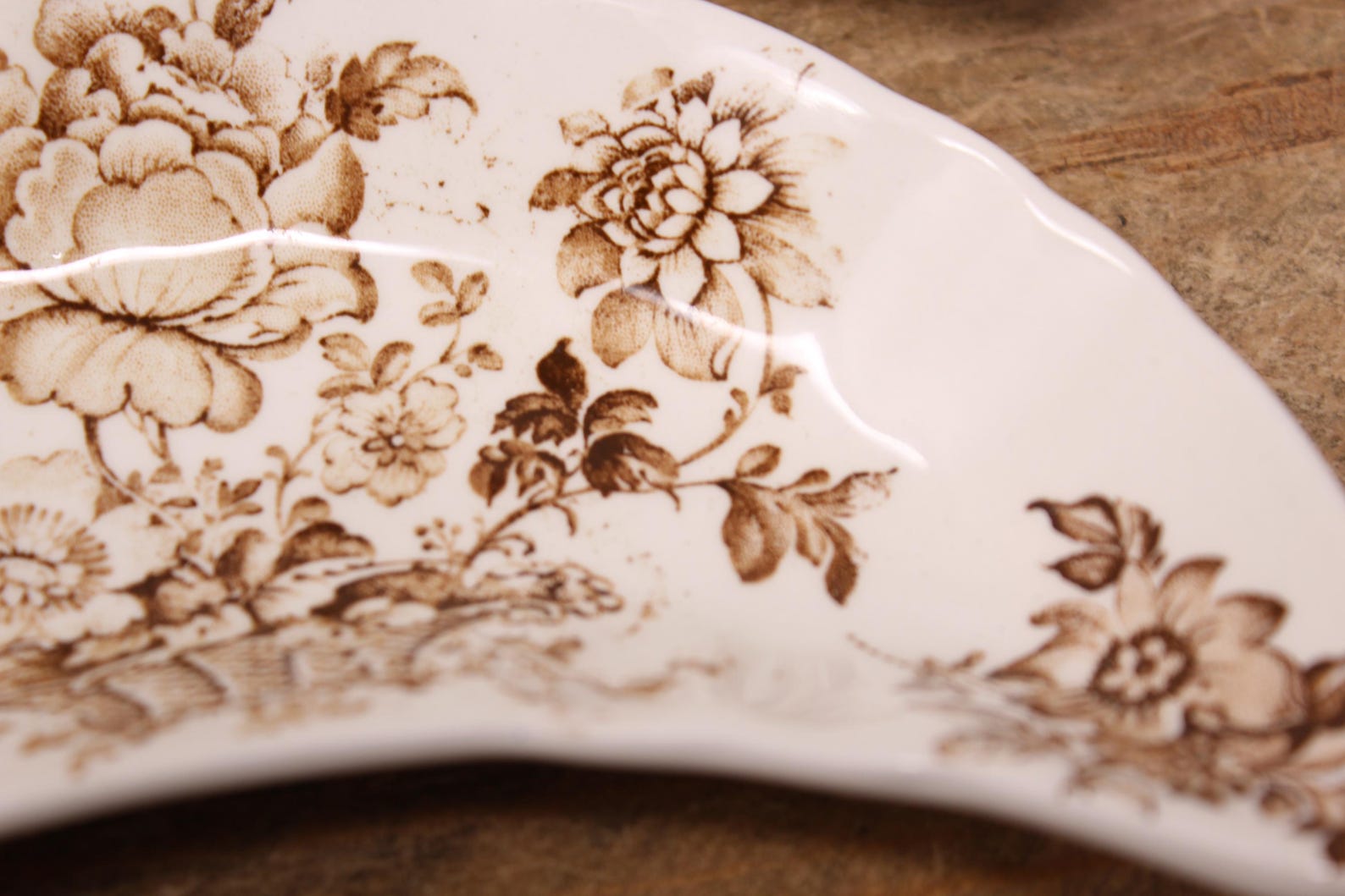 2 Antique Brown Floral - Crown Devon / Fieldings Bone Plates / Crescent ...