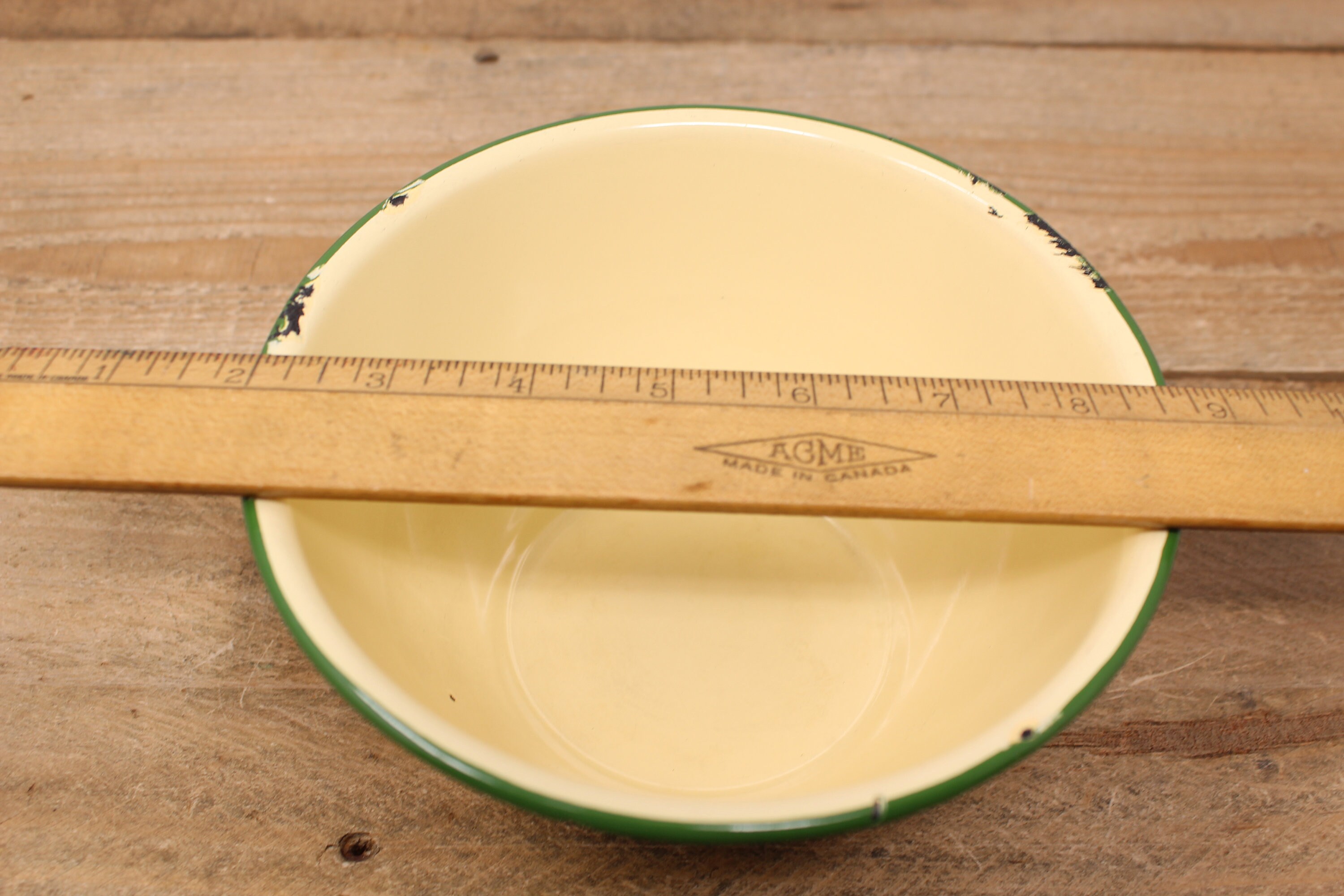 Vintage Goldfish Brand - Enamelware Bowl - Beige With Green Rim - Etsy