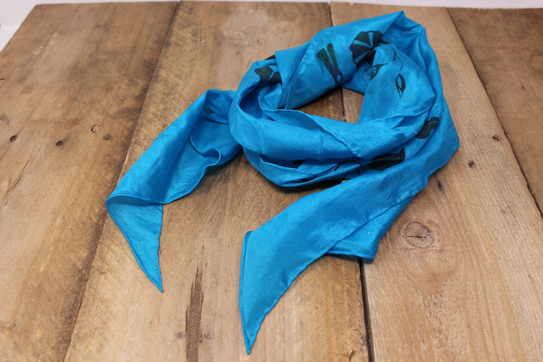 Pañuelo Seda Turquesa con Diseño Floral Marino / Verde - Etsy España