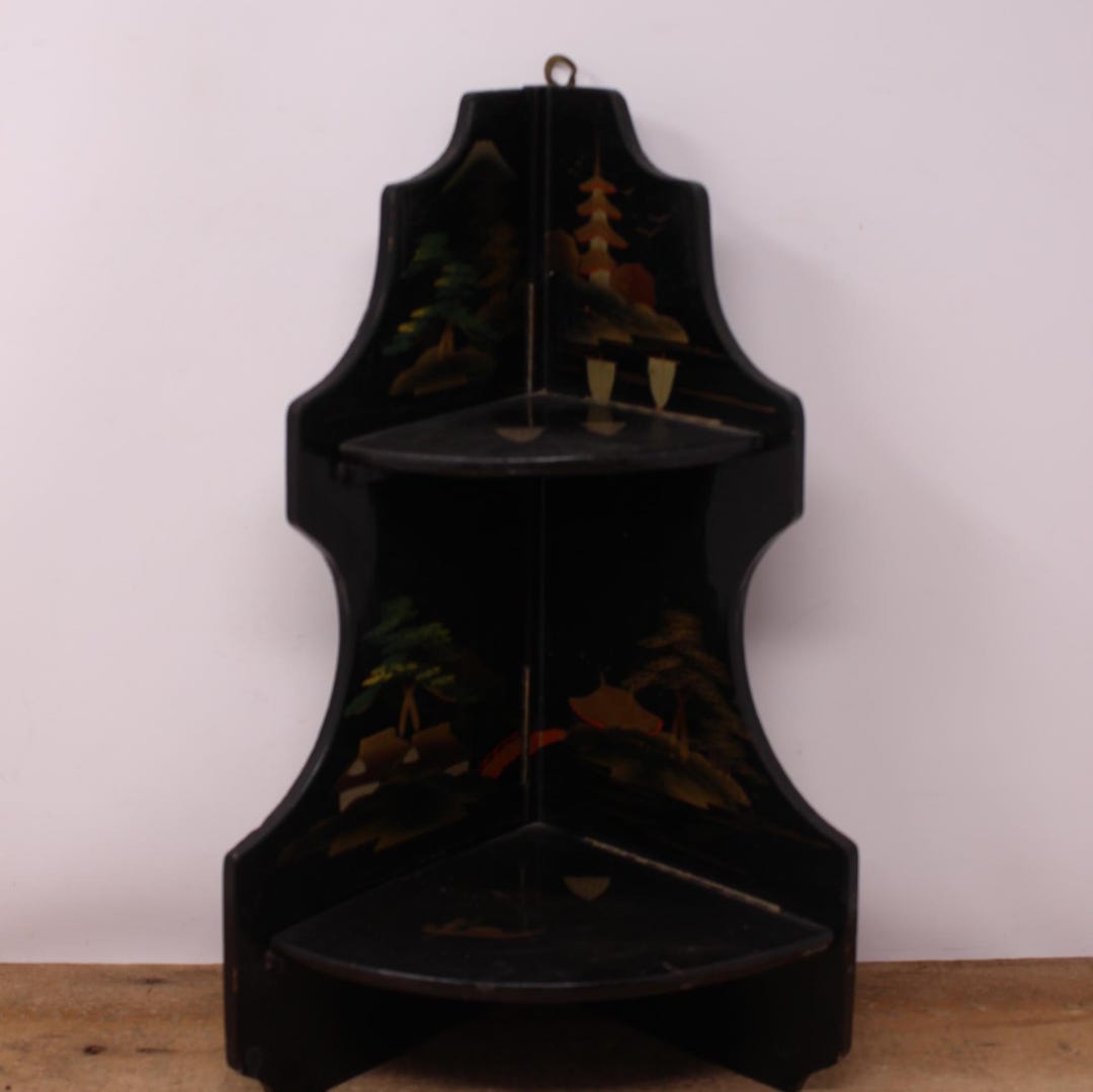 Vintage 2-tier Black Lacquered Wooden Corner Shelf - Occupied Japan - Etsy