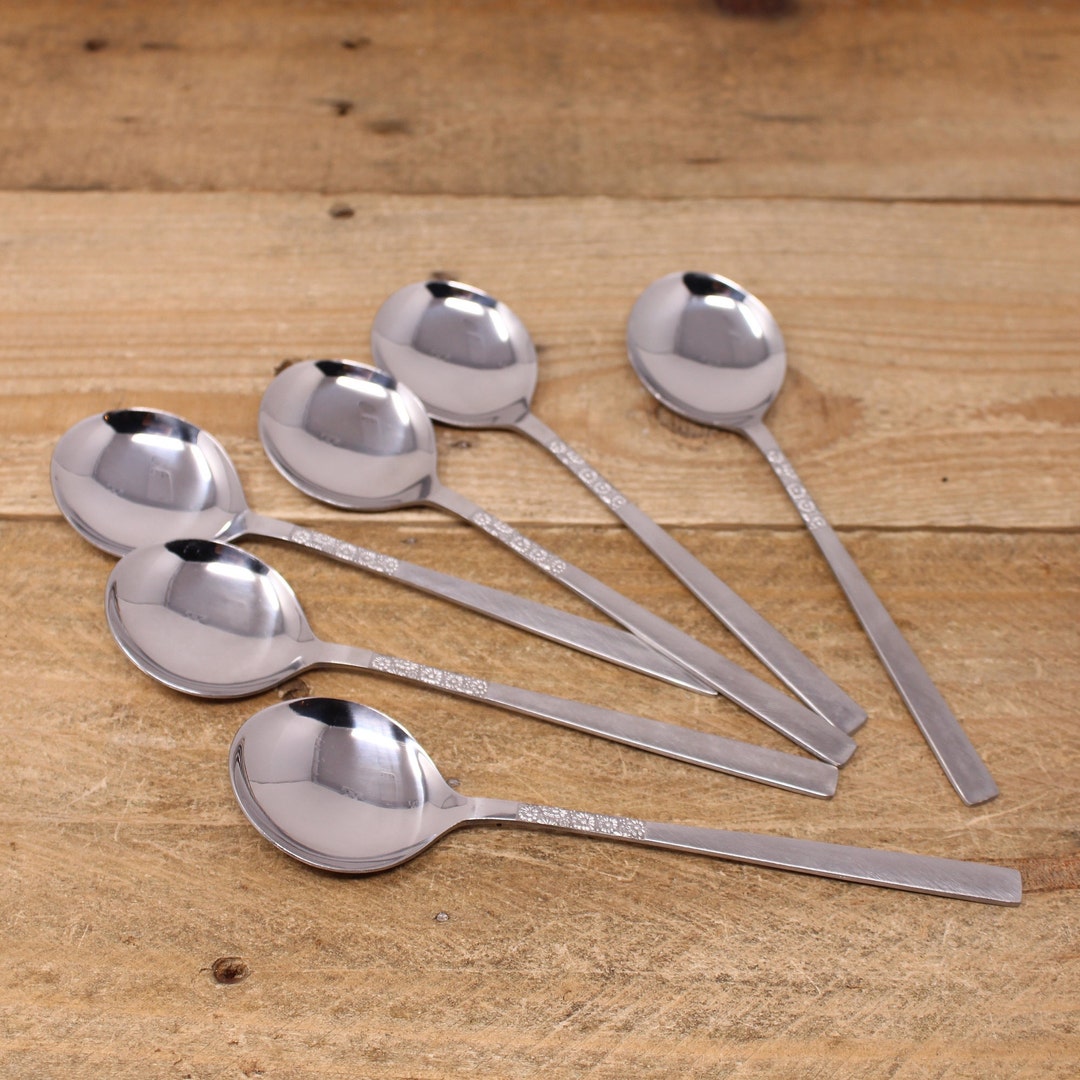 6 Vintage love Story Viners of Sheffield Round Bowl Soup Spoons gumbo ...