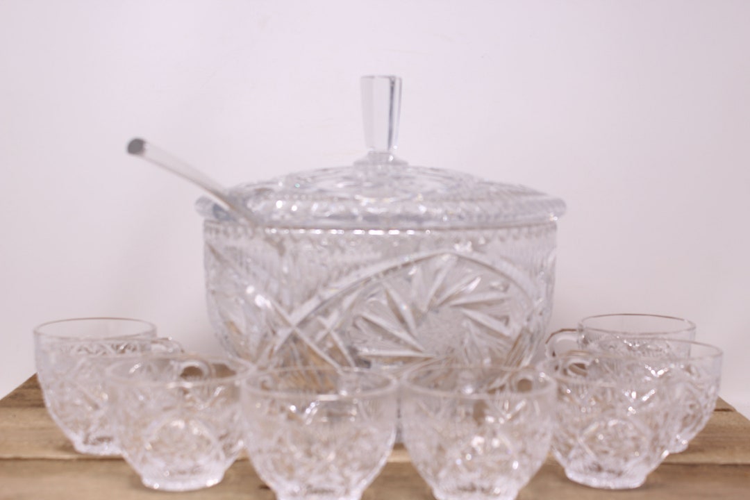 Vintage Heavy Covered Pinwheel Crystal Punch Bowl With 8 Cups and Glass ...