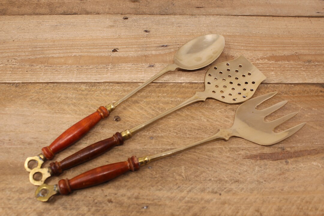3 Cast Brass Kitchen Utensils With Wood Handles - Etsy