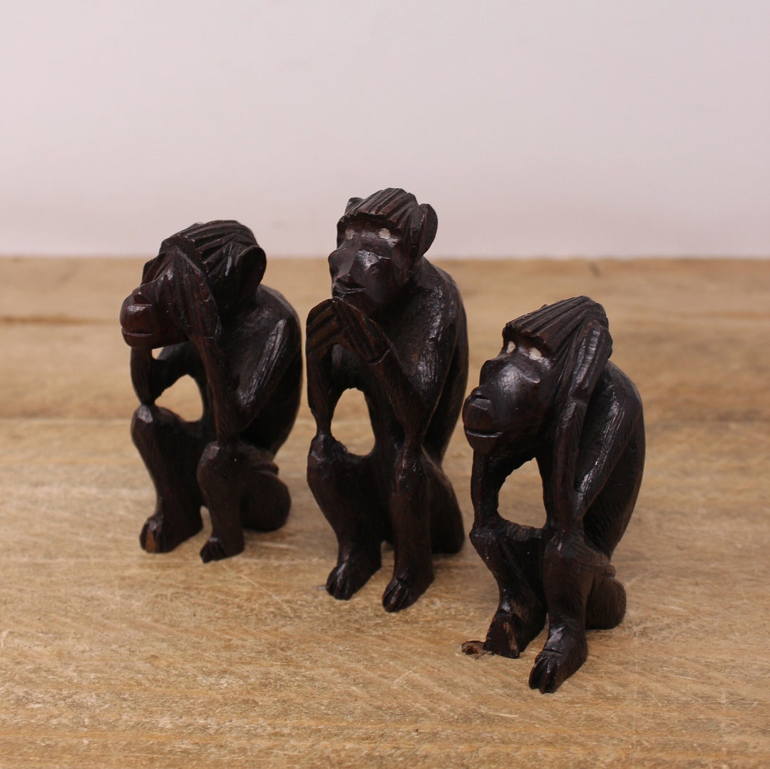 Vintage Wood Carved Monkeys Figurines - Three Wise Monkeys - Hear - See ...