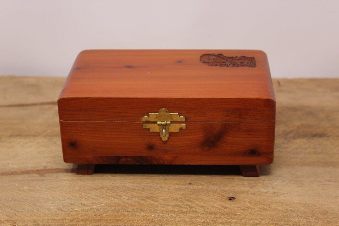 Vintage Small Cedar Box With Lid - Carved Fishing Scene - Etsy