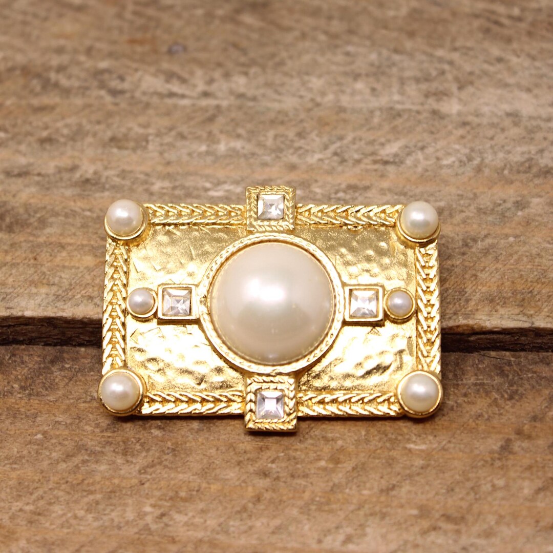 Vintage Rectangle Gold Tone With Faux Pearls and Rhinestones Chunky ...