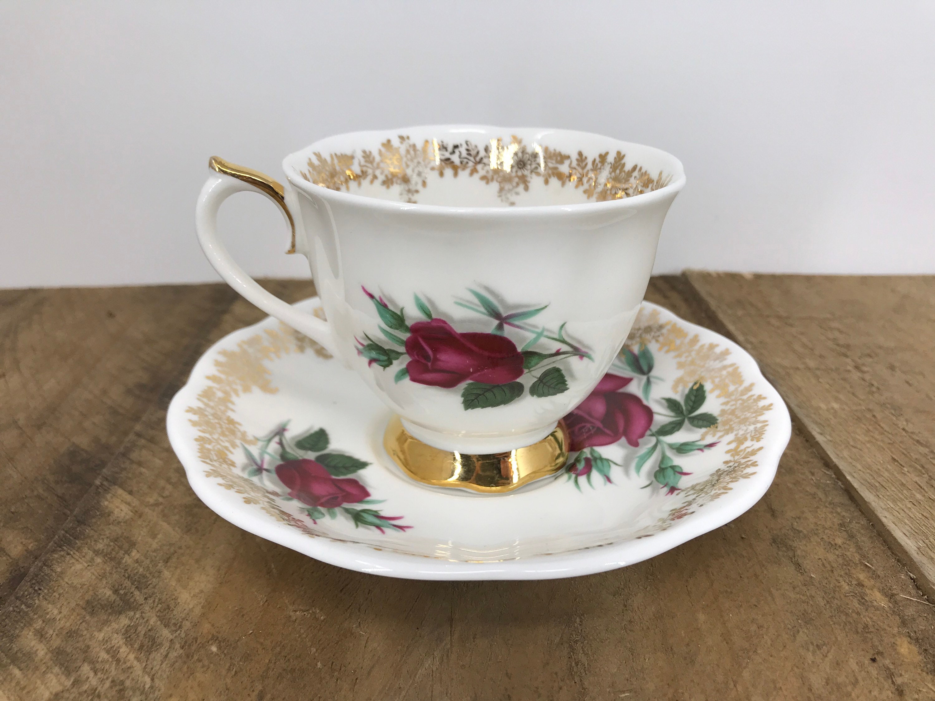 Vintage Royal Albert Cup & Saucer – Red Roses and Gold Filigree Pattern ...