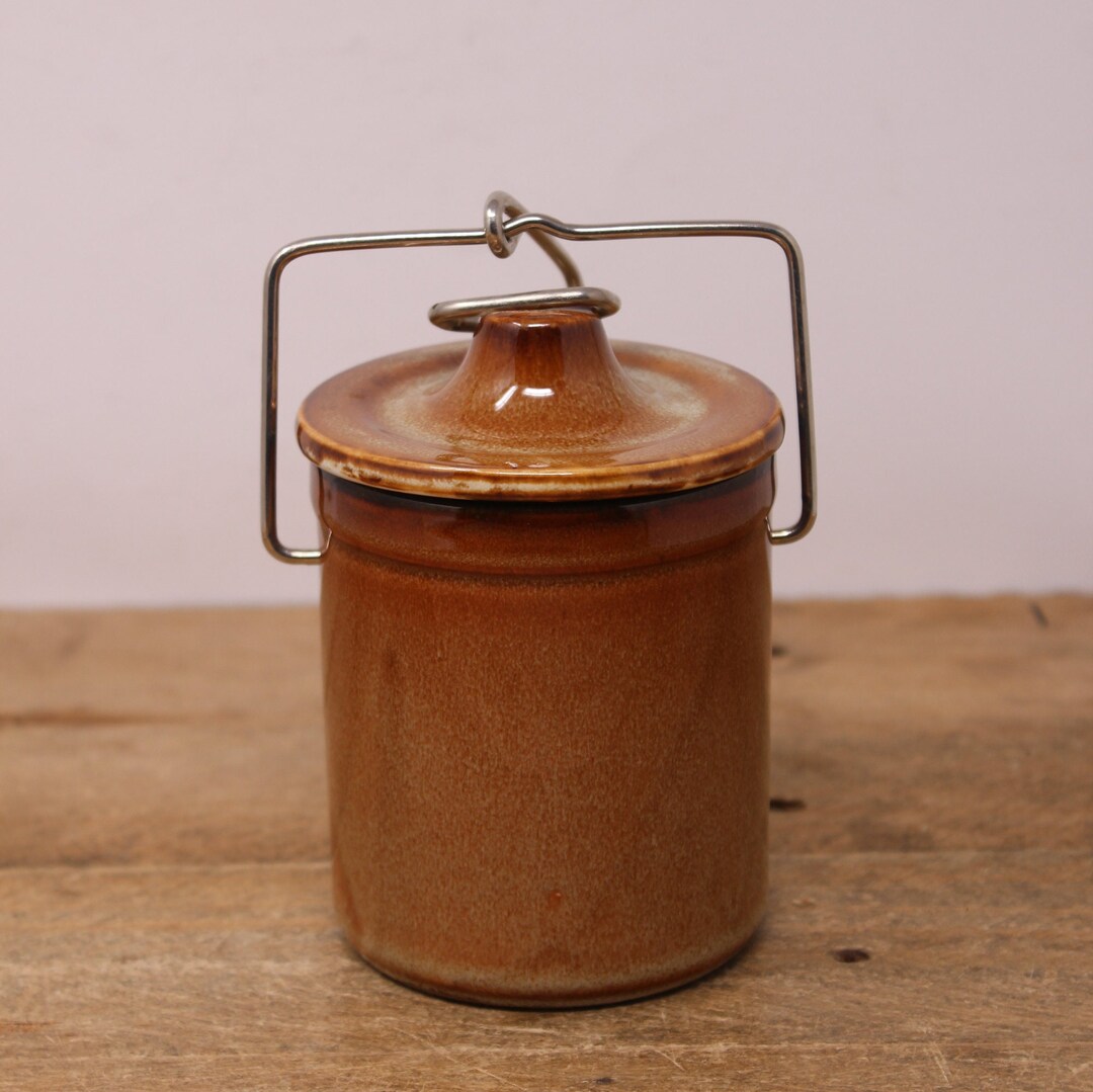 Vintage Brown Stoneware Storage Crock Cheese Crock With Metal Spring ...