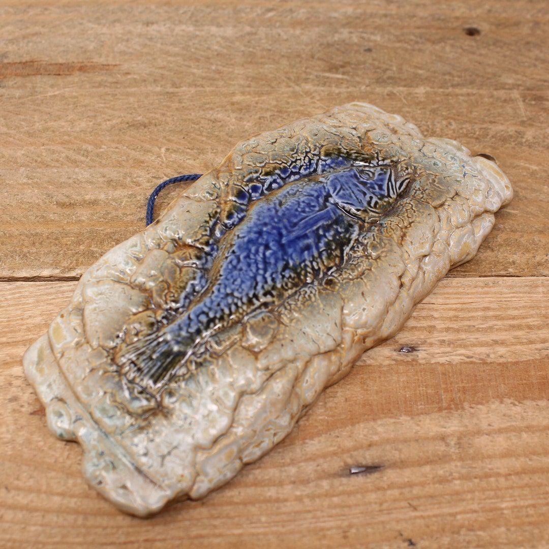 Vintage Tenmoku Pottery - Fish Design Wall Vase / Wall Pocket ...