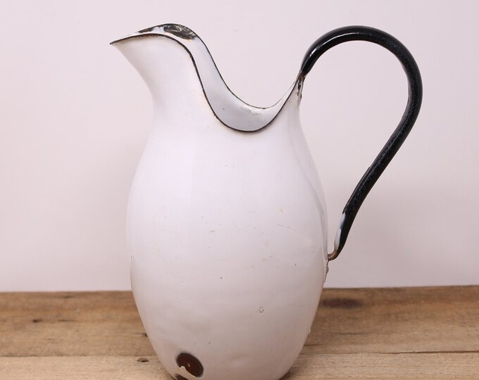 Vintage White Enamel Water Pitcher / Jug With Black Handle and Rim - Etsy
