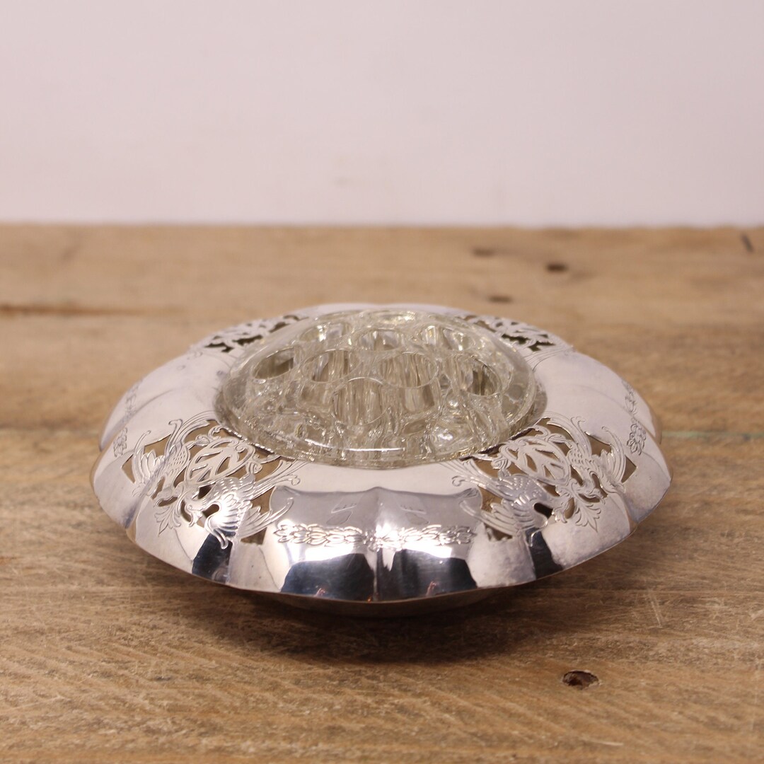 Antique Roden Brothers - Glass Flower Frog in Pierced Silver Plate Bowl ...