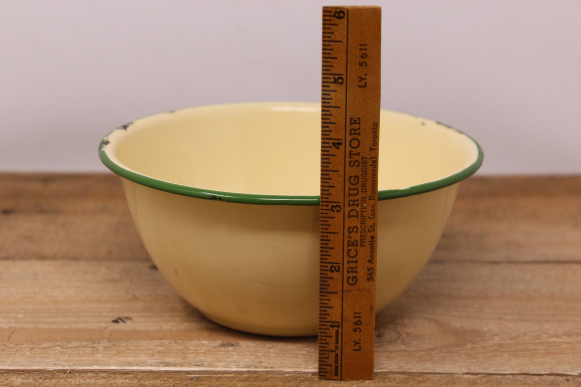 Vintage Goldfish Brand - Enamelware Bowl - Beige With Green Rim - Etsy