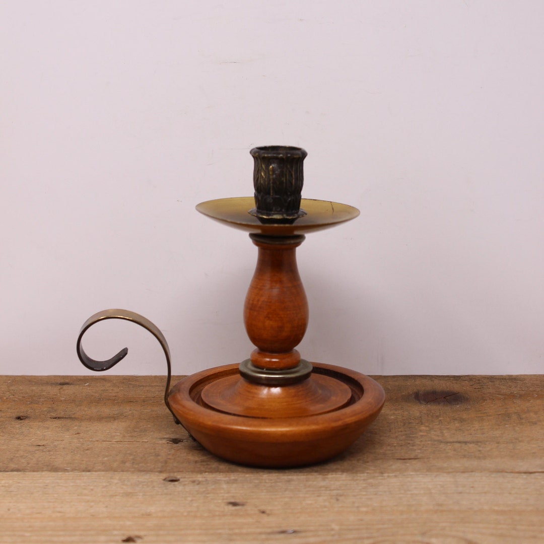 Vintage Wood & Brass Chamber Style Finger-loop Candlestick Holder - Etsy