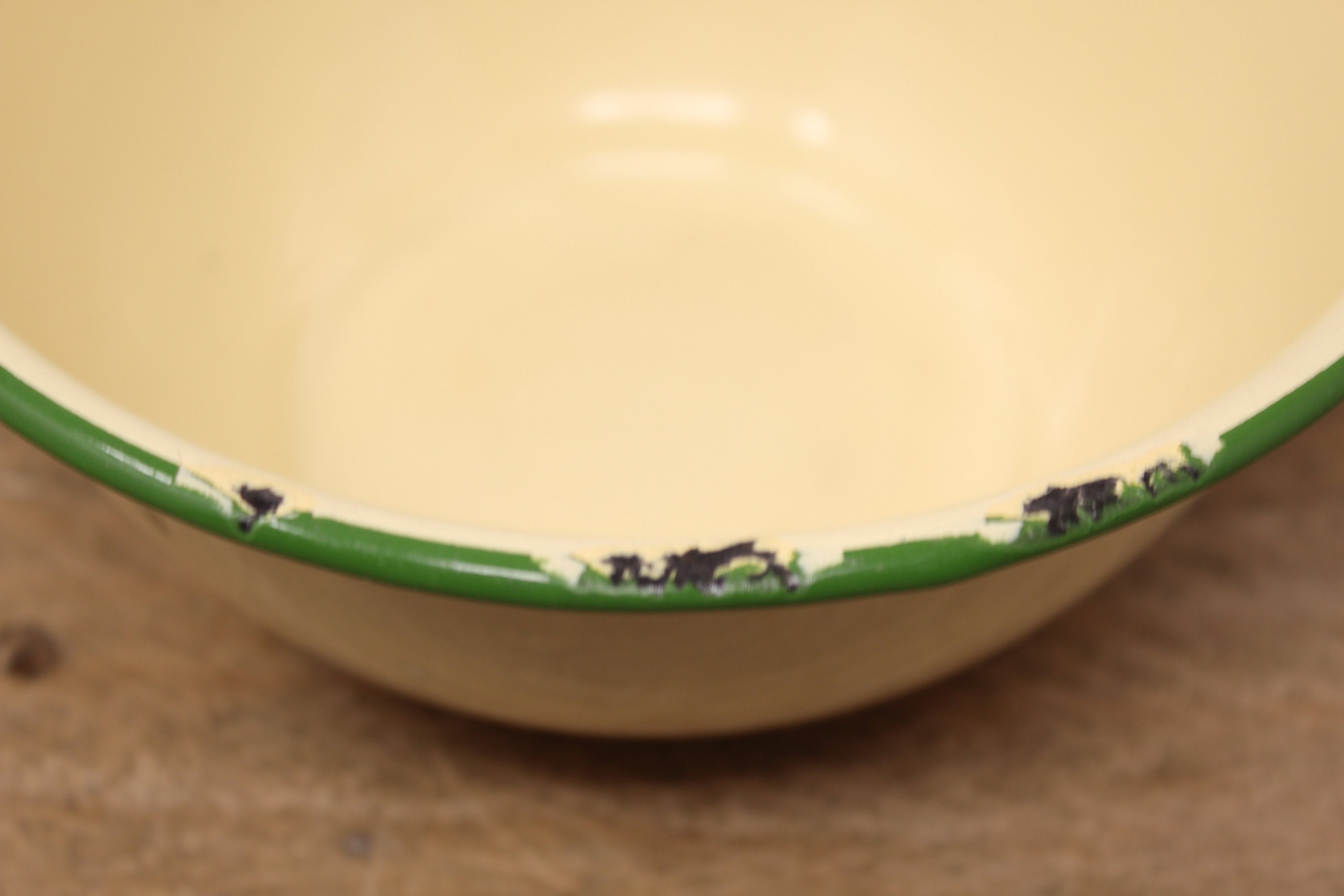 Vintage Goldfish Brand - Enamelware Bowl - Beige With Green Rim - Etsy