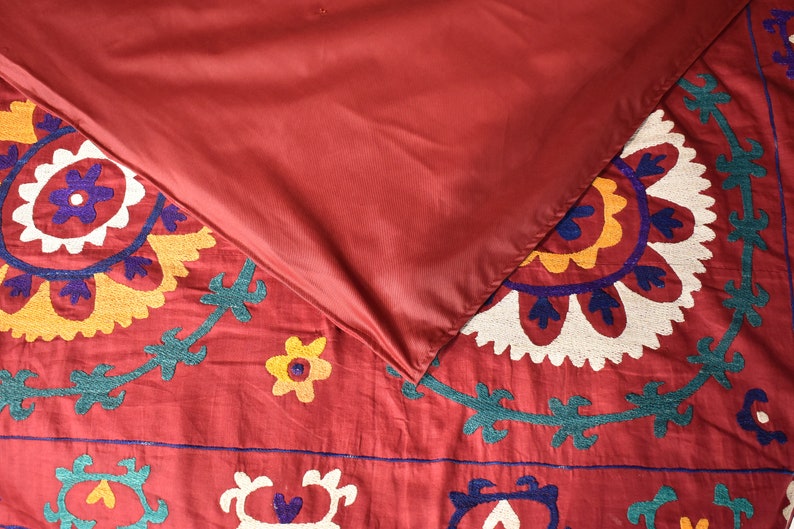 Red Sun Bedding, Red Vintage Suzani 7.3 X 5.5 Ft. Handmade Old ...
