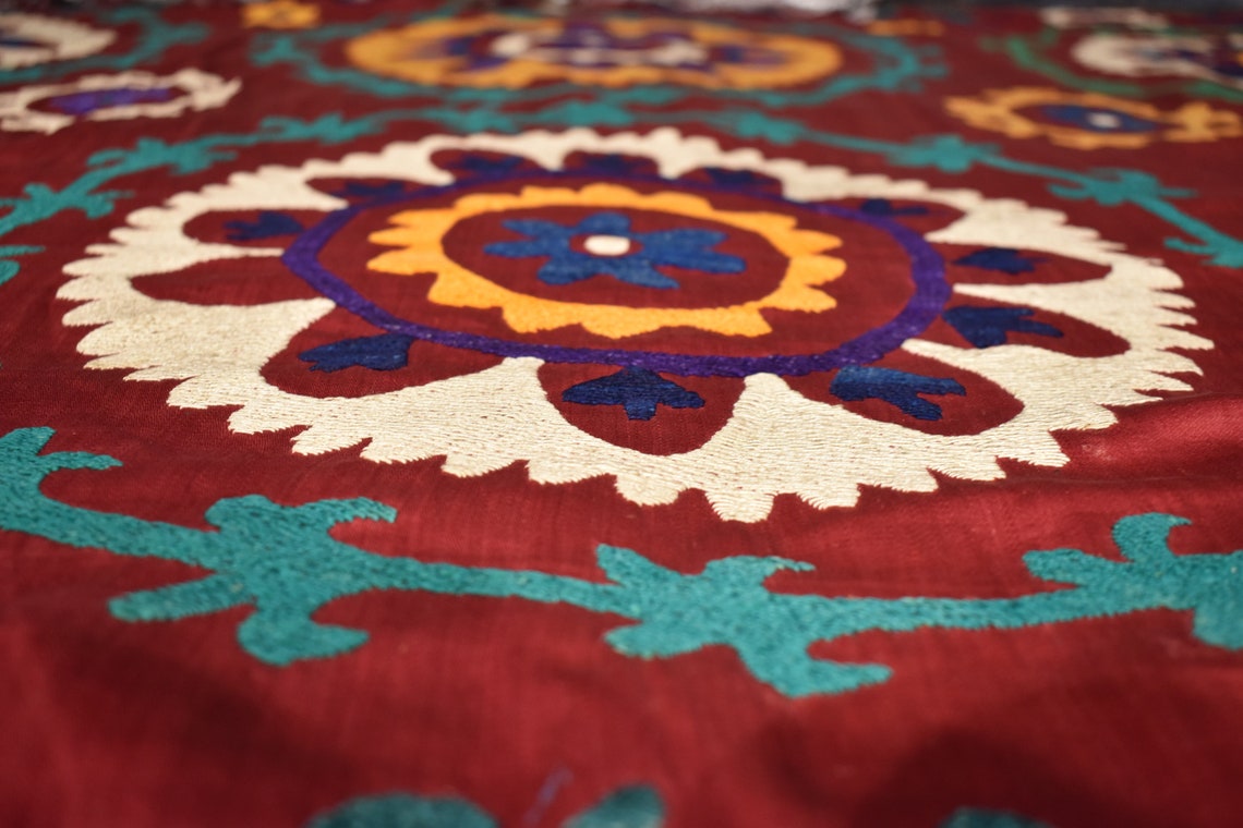 Red Sun Bedding, Red Vintage Suzani 7.3 X 5.5 Ft. Handmade Old ...