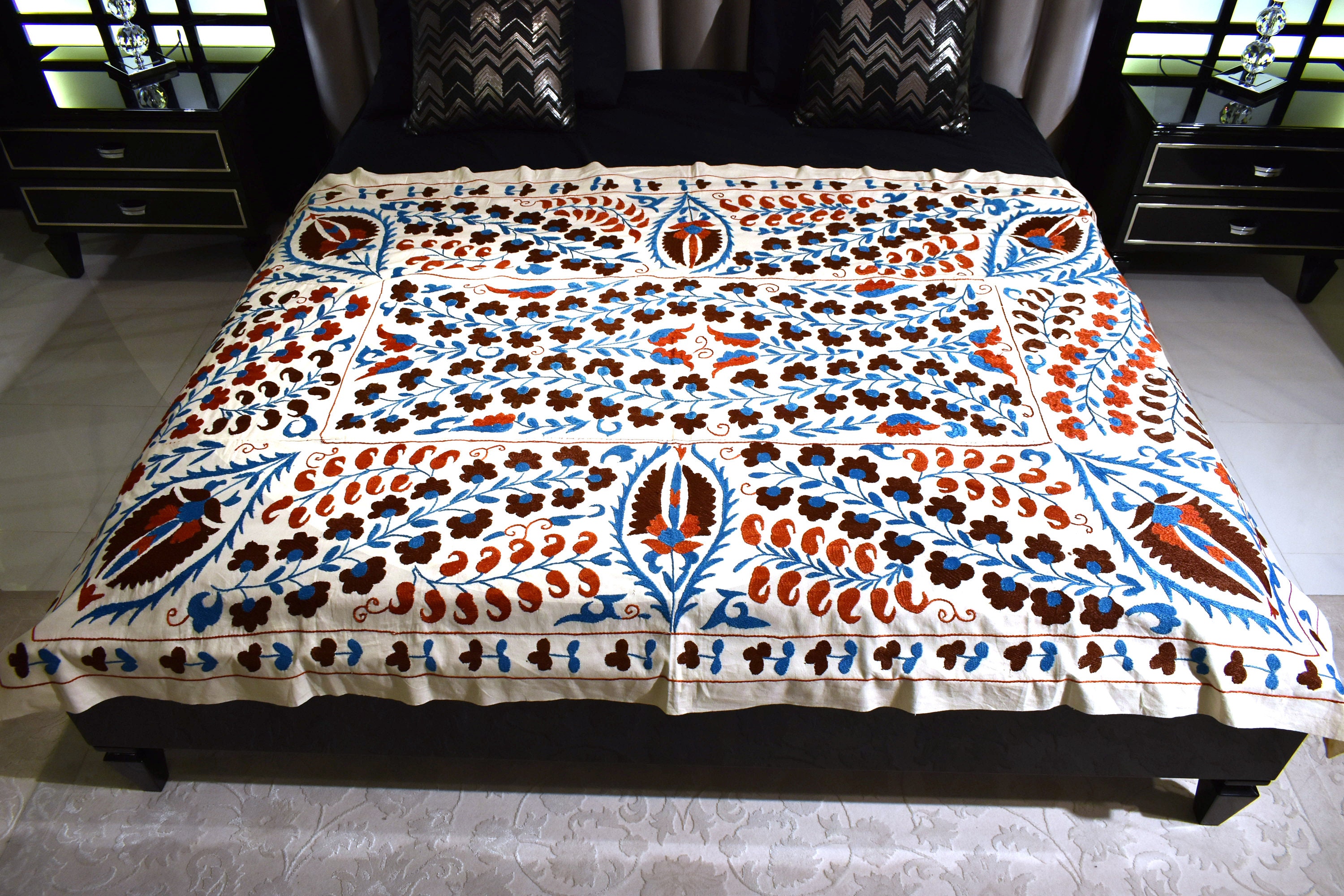 Silk embroided bedspread silk bedding 7 x 4.8 ft. silk | Etsy