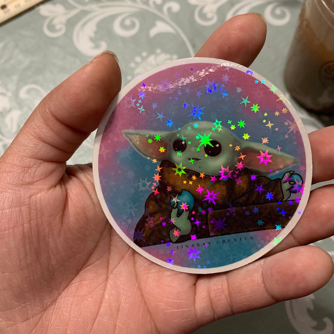 The Child Baby Yoda With Cookie Laminated Sticker Holographic - Etsy