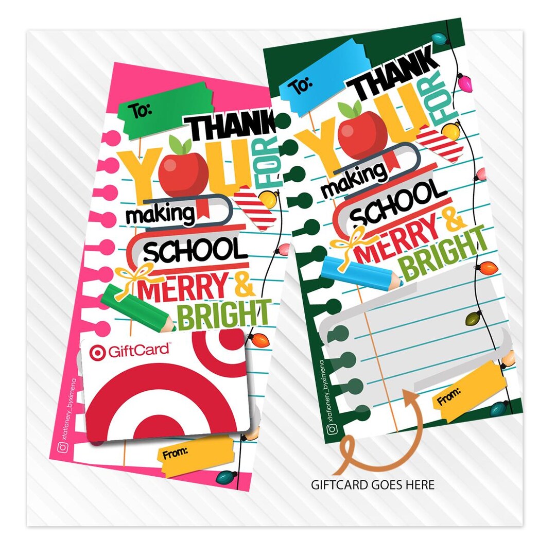 Personalized Teacher Christmas Card, MERRY & BRIGHT Gift Card Holder ...