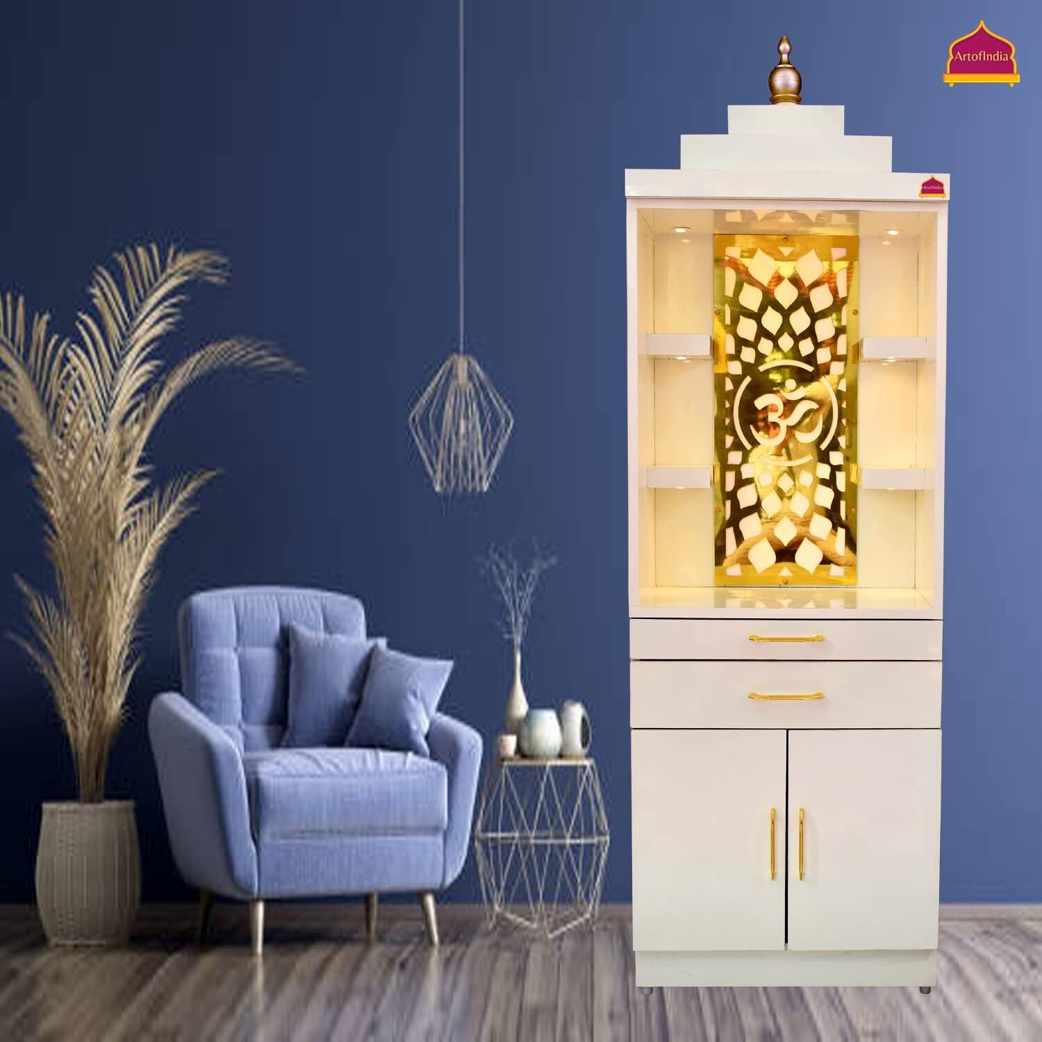 White Wooden Pooja Mandir Cabinet for Home | Customized Mandir for Home ...