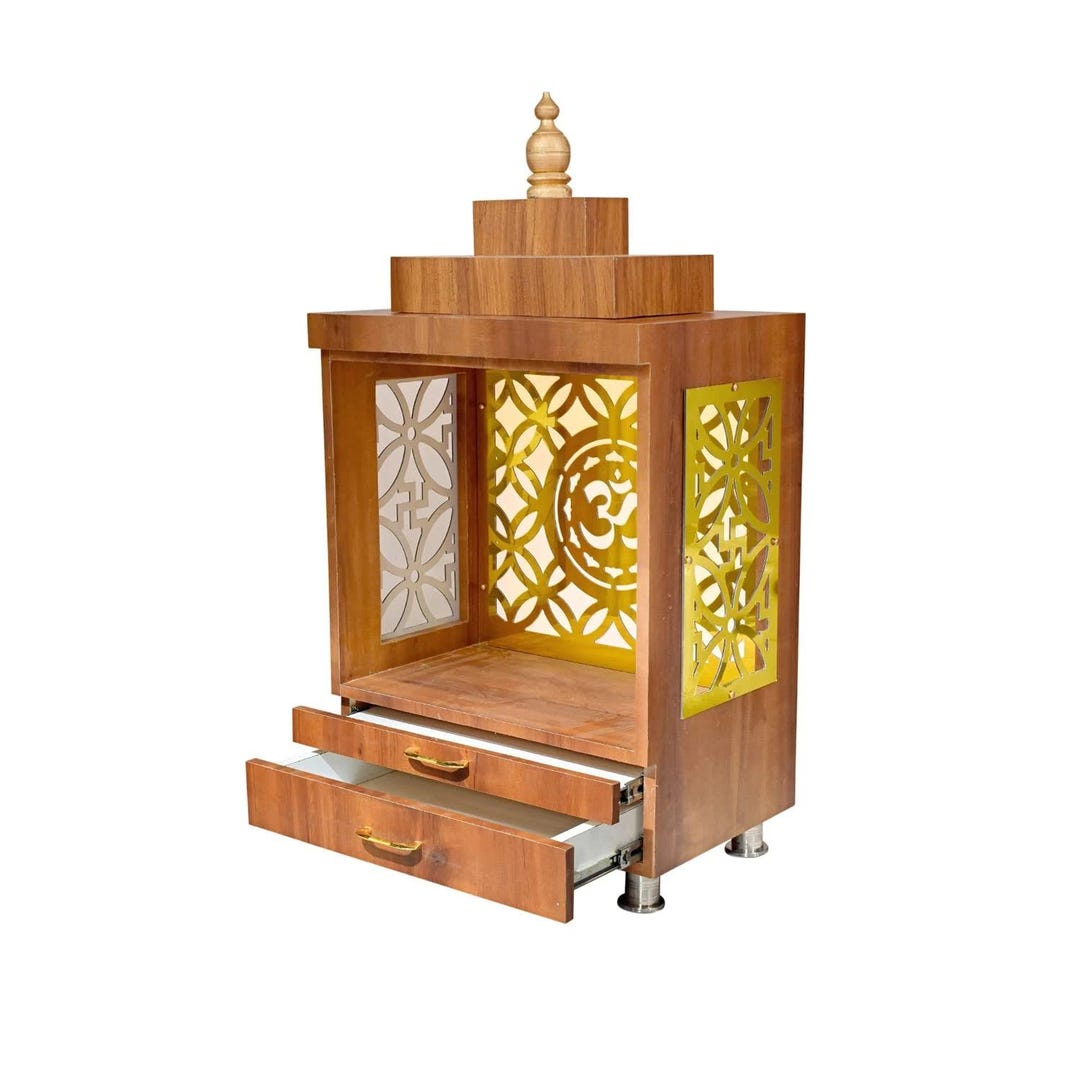 Wooden Brown Temple| Mandir With Door and LED Lights | Temple Puja ...
