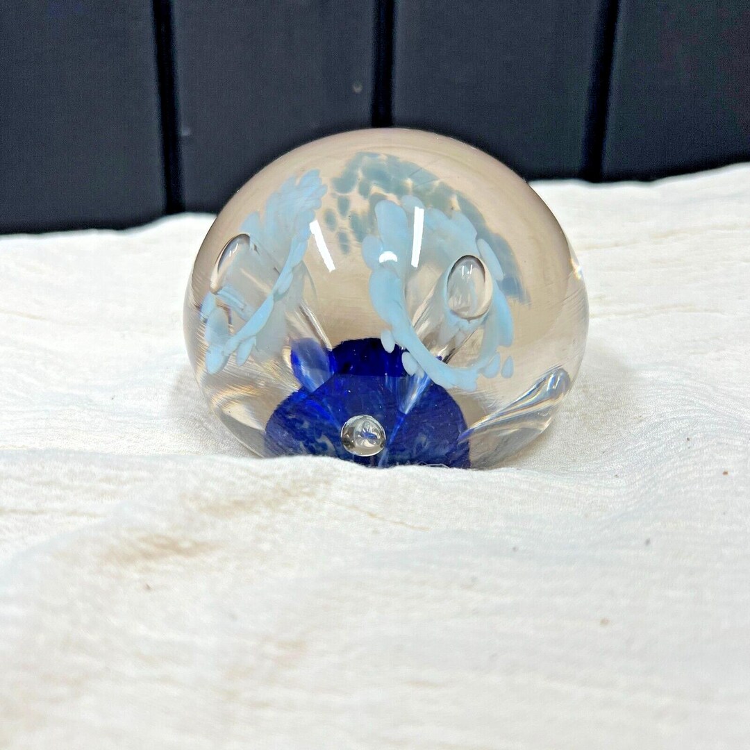 Vintage Handblown Art Glass Three Flower Zimmerman?? Blue and White ...