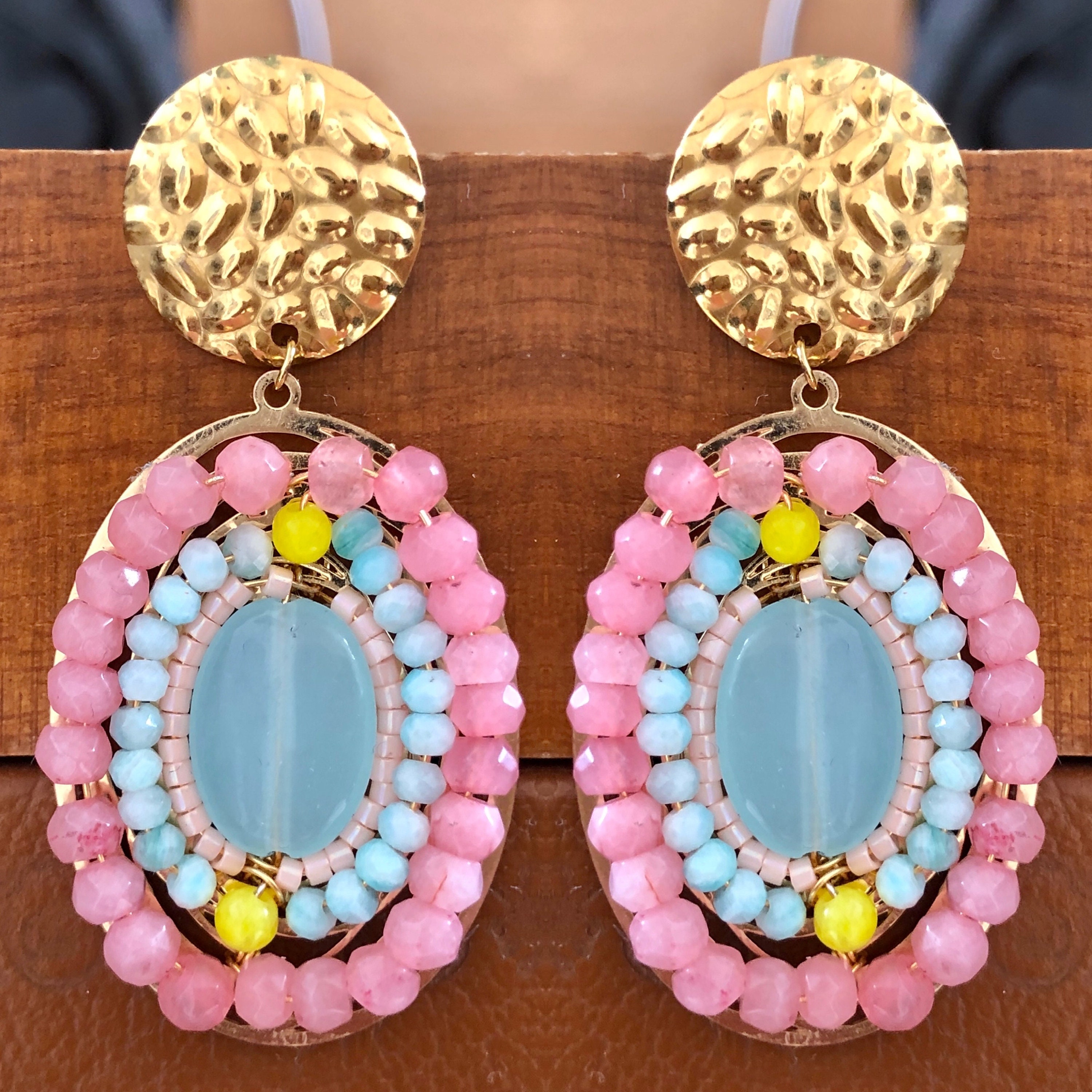 Multicolor Oval Art Deco Earrings, Geometric Fantasy Earrings, Stones ...