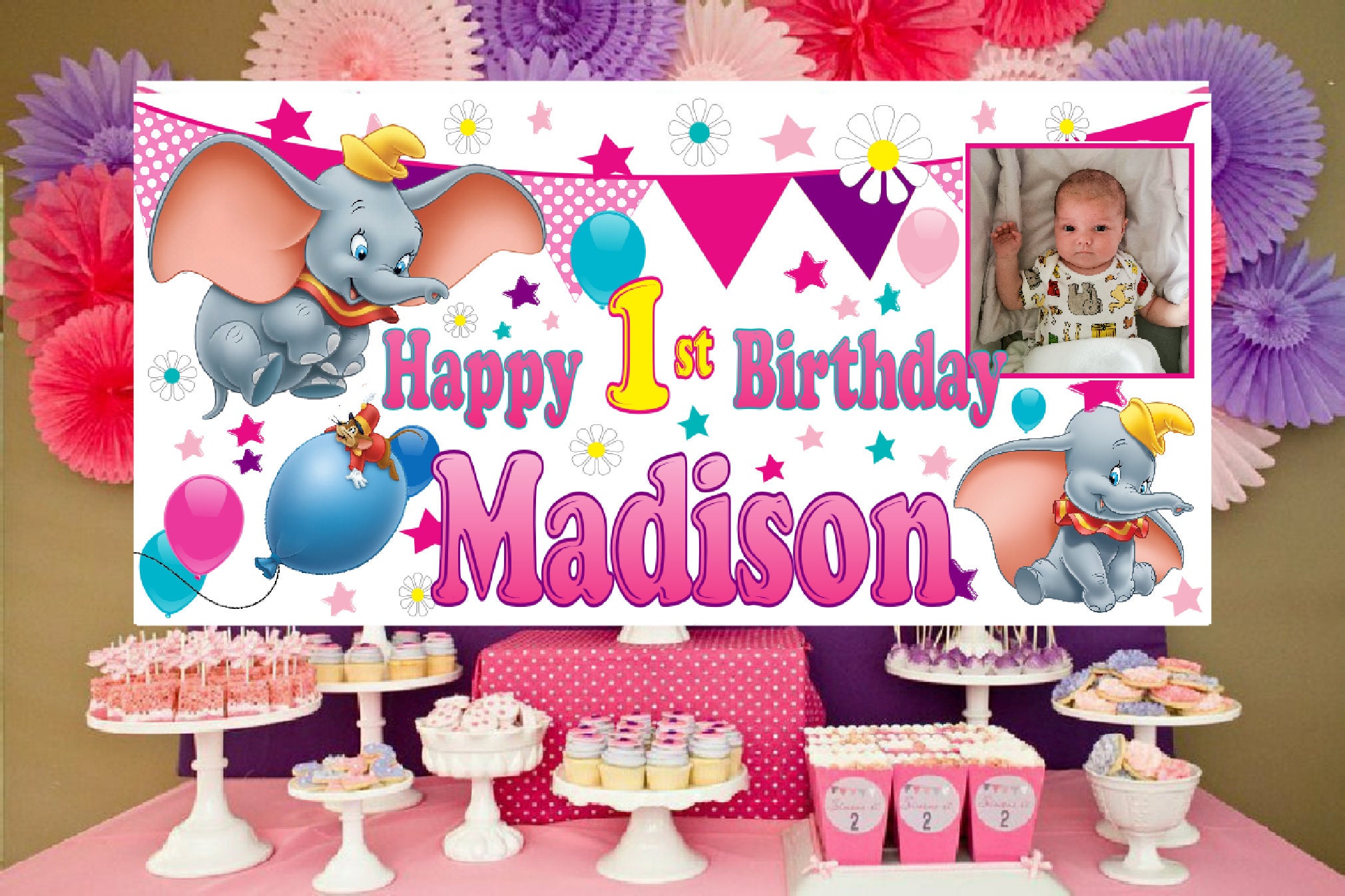 Personalised Dumbo Birthday Banner Photo Name Age Pink Circus - Etsy UK