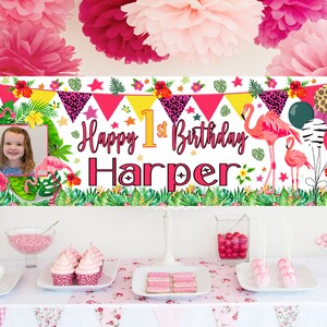 Large Personalised Birthday Banner Tropical Lau Flamingo Party ...