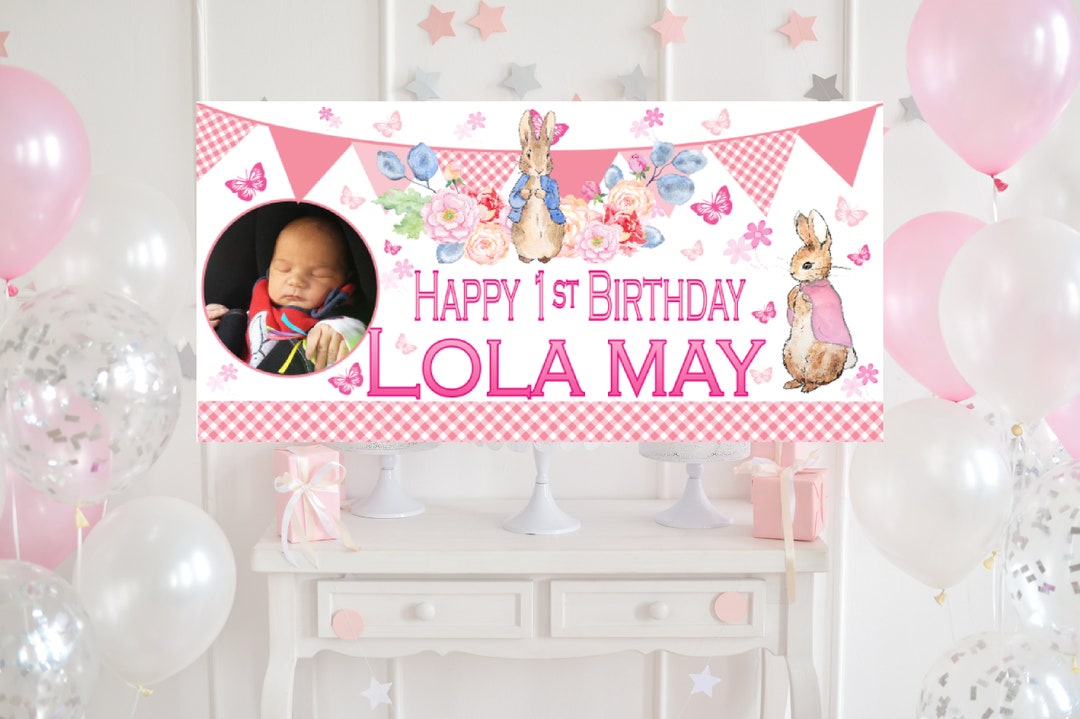 Large Personalised Peter Rabbit 1st Birthday Banner Poster First Flopsy ...