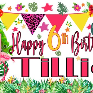 Large Personalised Birthday Banner Tropical Lau Flamingo Party ...