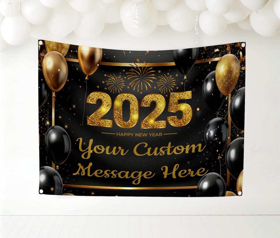 Personalised Happy New Year 2025 Backdrop NYE Party Decorations Gold ...