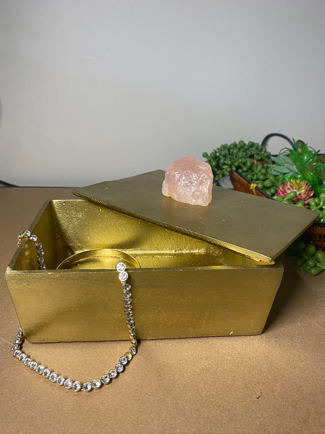 Gold Trinket and Jewellery Box With Rose Quartz Handle - Home Décor or ...