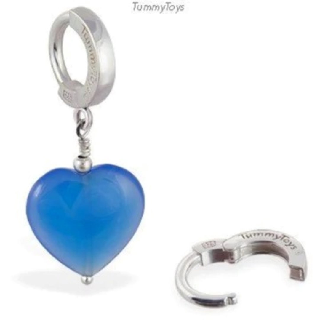 Sterling Silver Navel Ring With Sapphire Blue Glass Heart Drop Charm ...