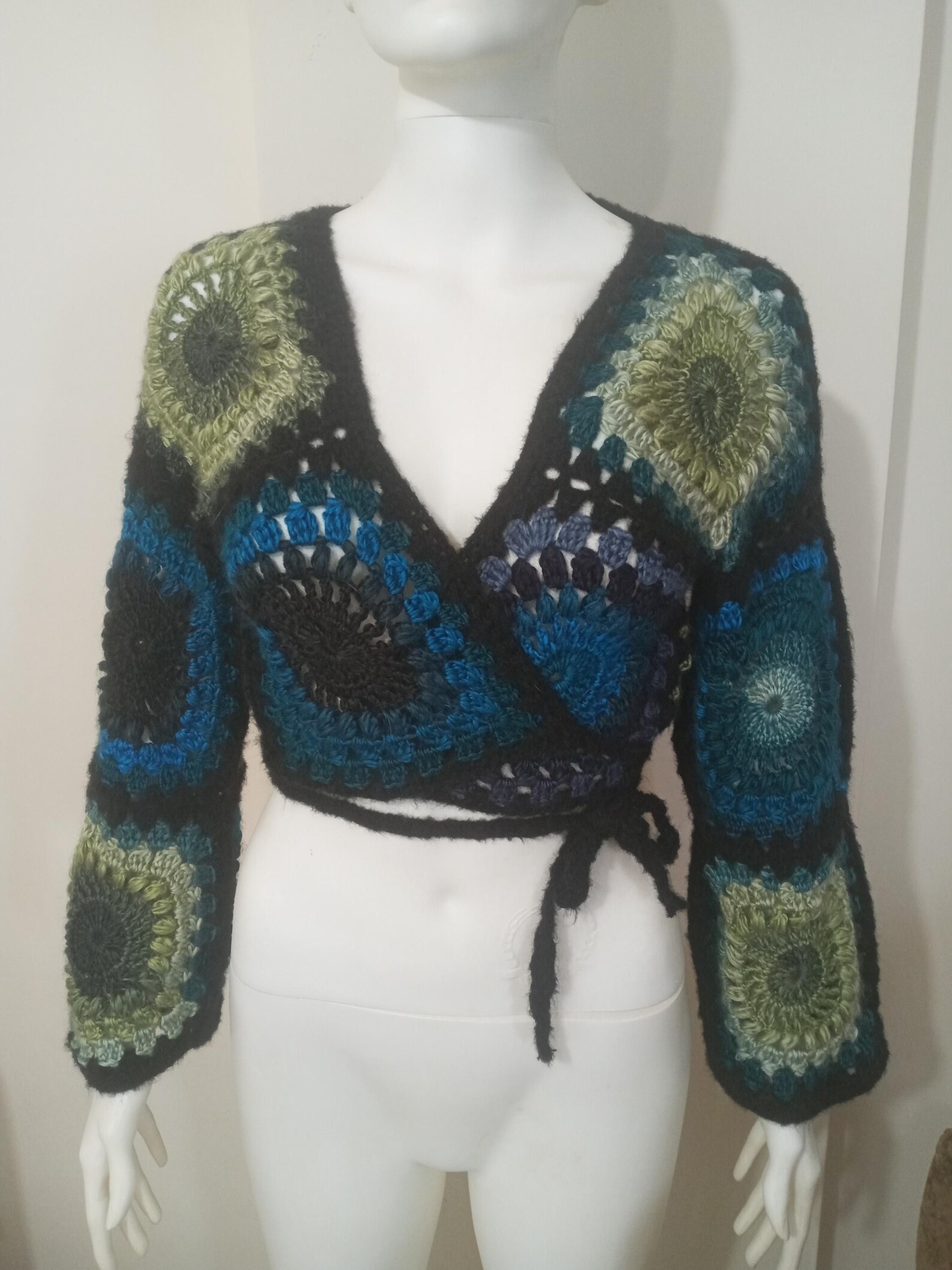 Crochet Granny Square Cardigan : S/m/l,front Tie Sweater, Handmade ...