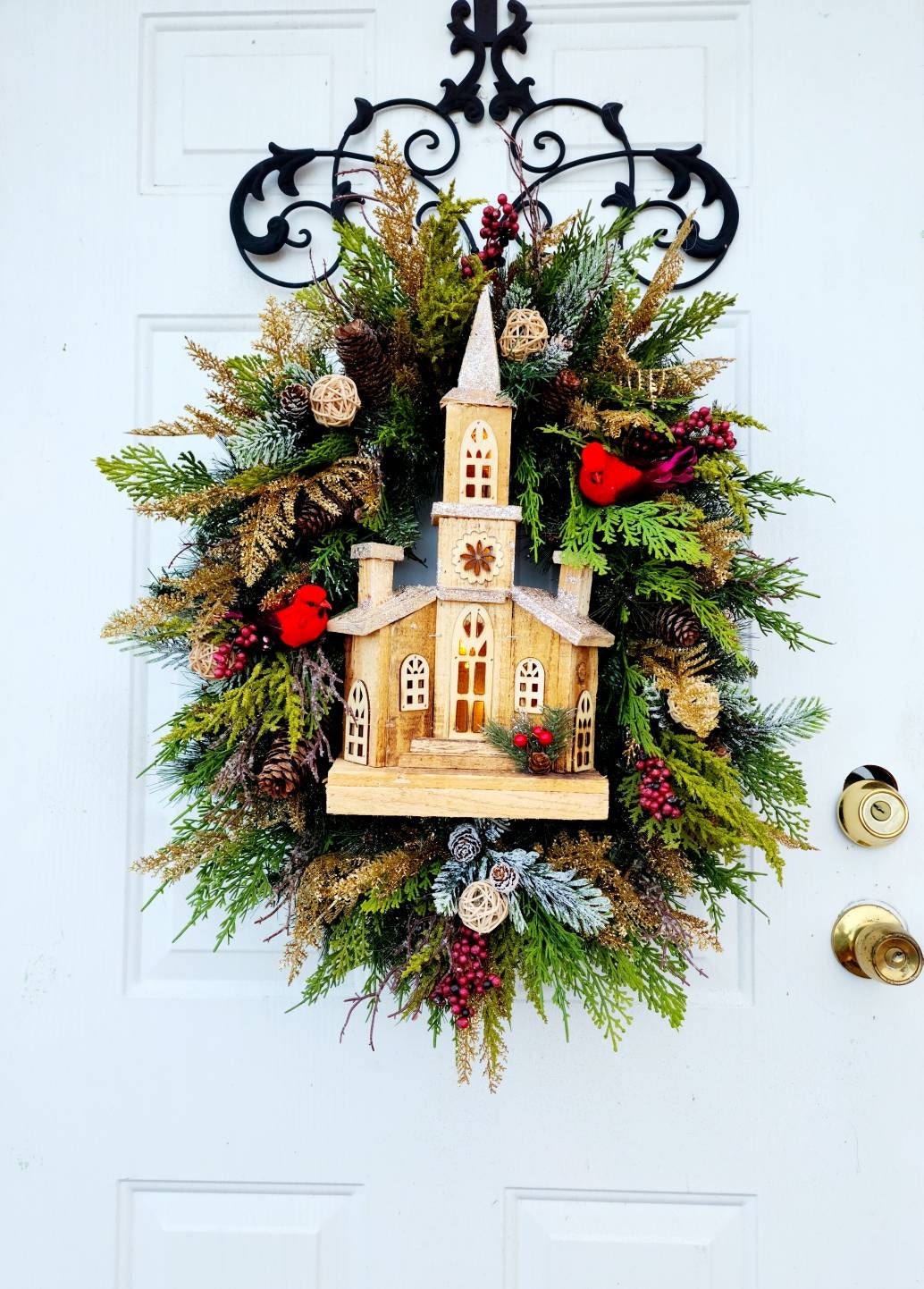 Rustic Church Wreath, Lighted Church Wreath, Holiday Winter Wreath ...