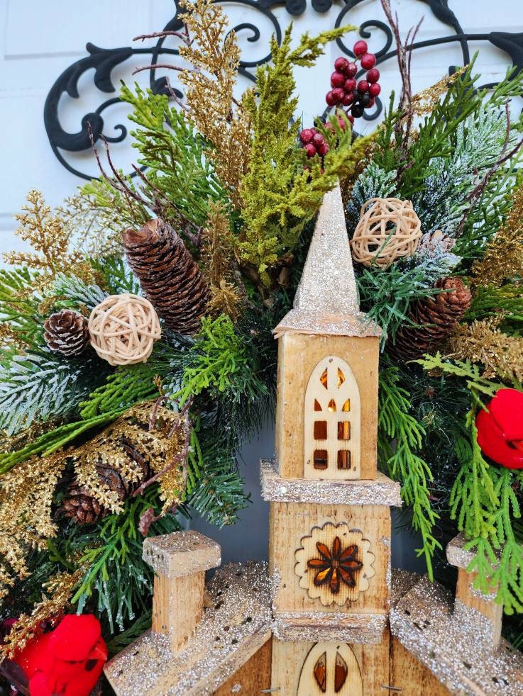 Rustic Church Wreath, Lighted Church Wreath, Holiday Winter Wreath ...