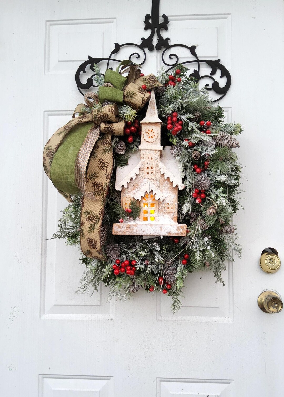 Rustic Church Wreath, Lighted Church Wreath, Holiday Wreath, Lighted ...