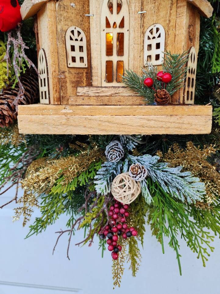 Rustic Church Wreath, Lighted Church Wreath, Holiday Winter Wreath ...
