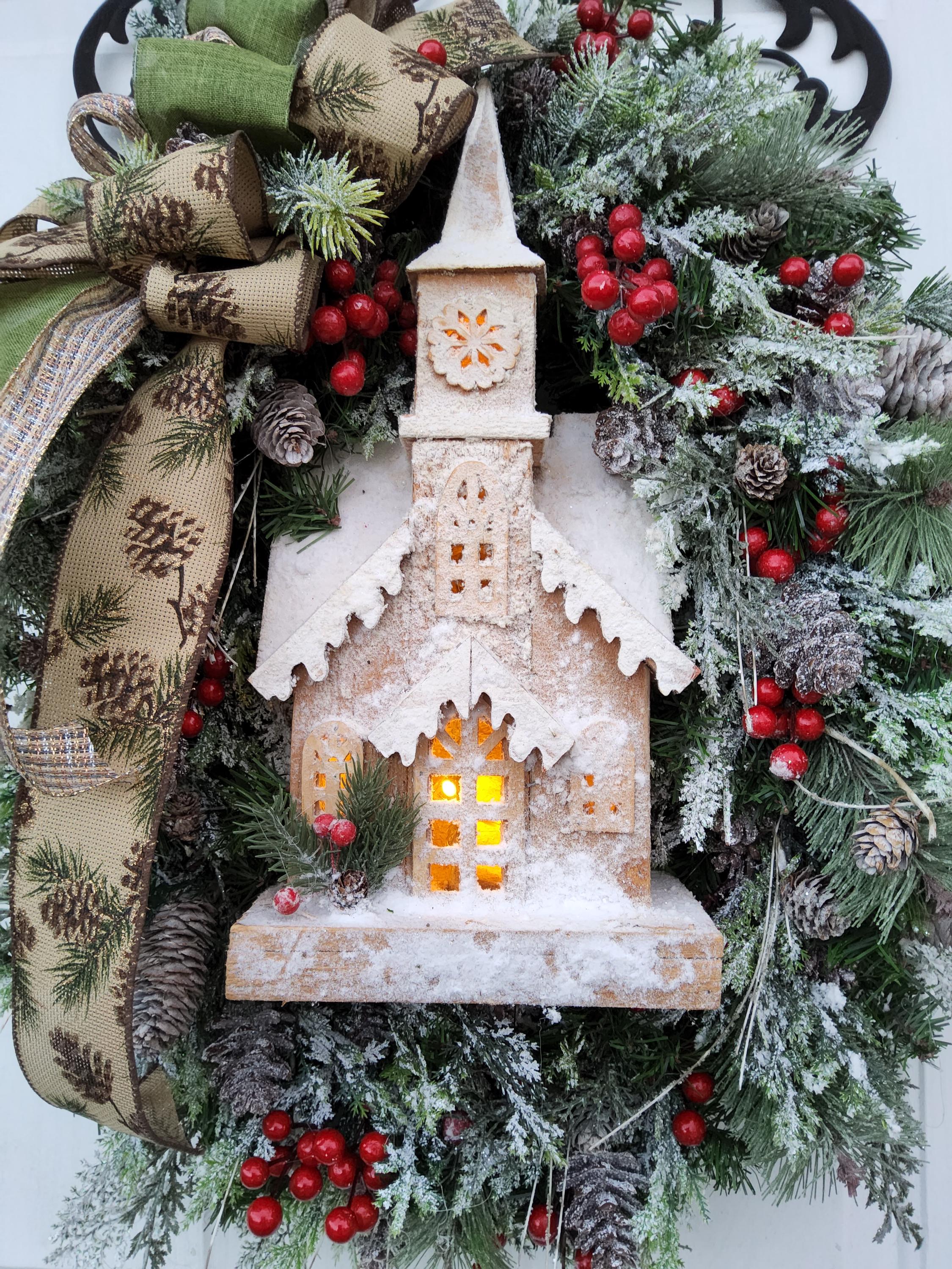 Rustic Church Wreath, Lighted Church Wreath, Holiday Wreath, Lighted ...