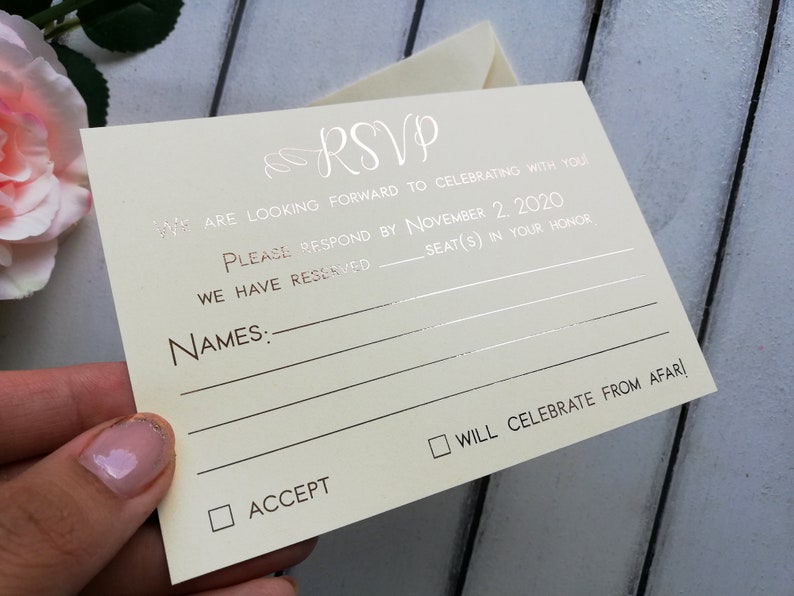Cream Color RSVP Card With Envelope, Foiled RSVP Card, Real Foil ...