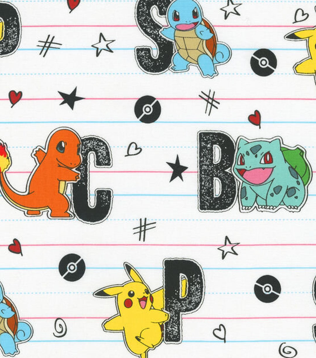 Alphabet Pokemon Jigglypuff Pikachu Squirtle Print Fabric by the Yard ...