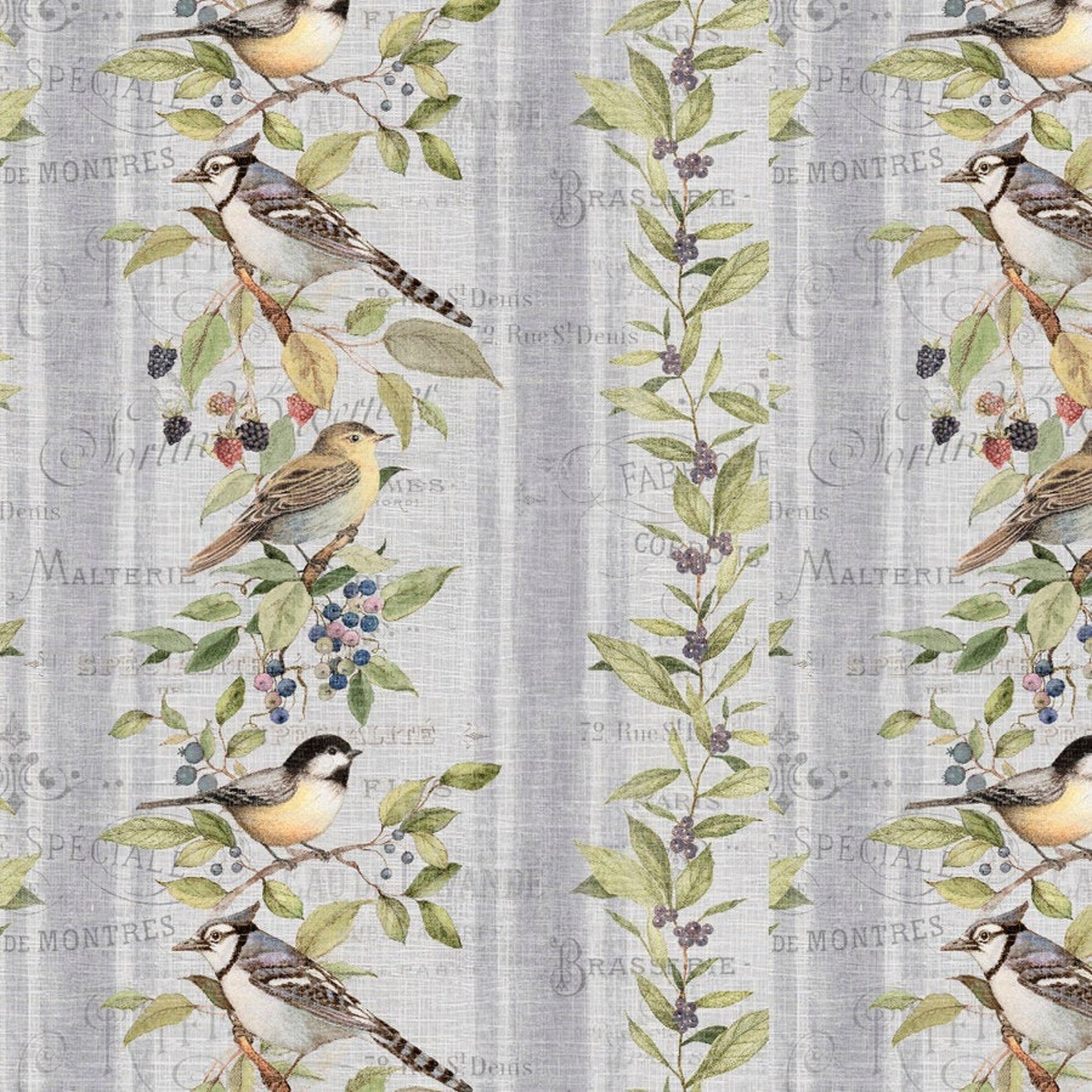 Susan Winget Stripes Grey Bird Premium Berries Fabric by the Yard FBTY ...