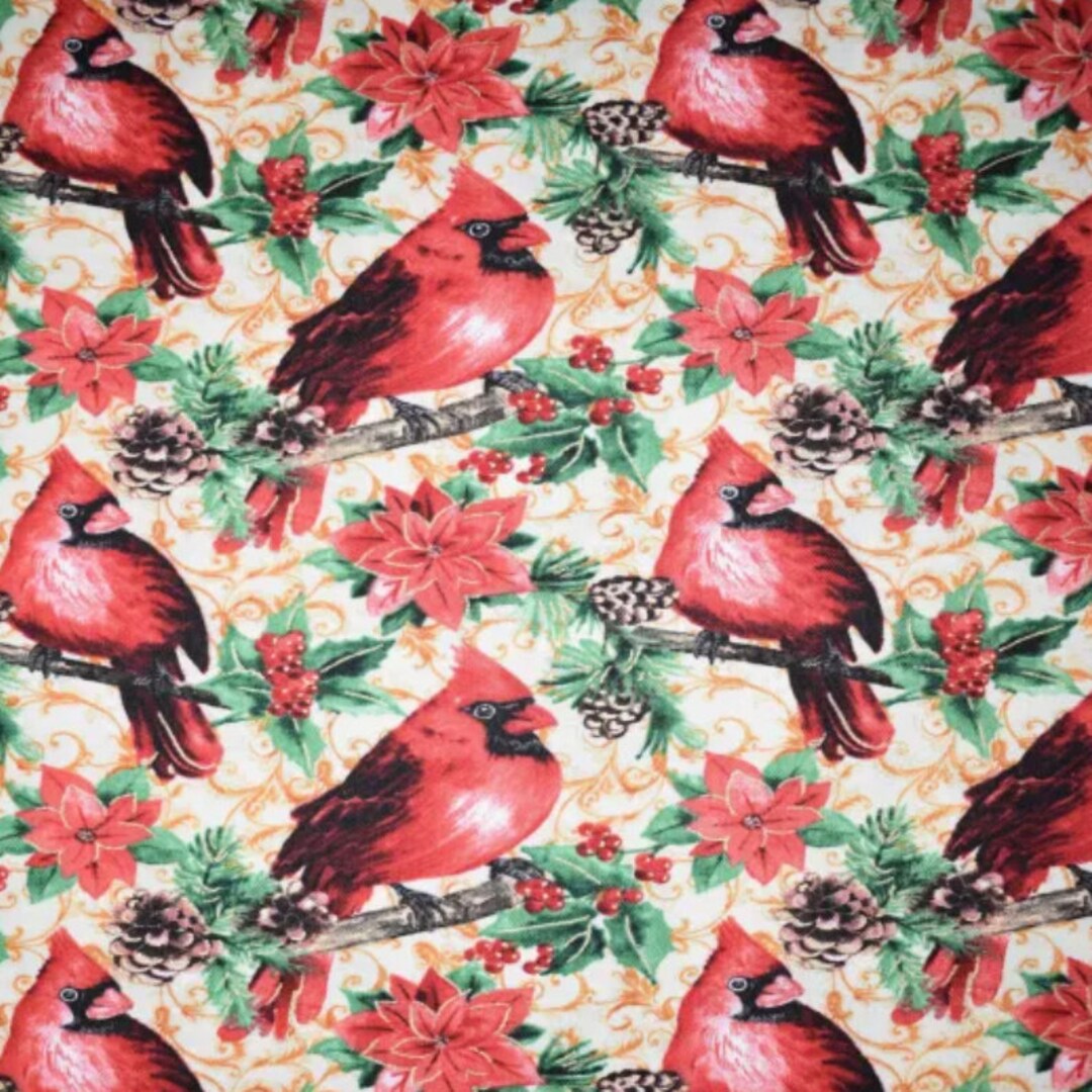 Red Bird Cardinals & Scrolls Metallic Holiday Fabric by the Fat ...