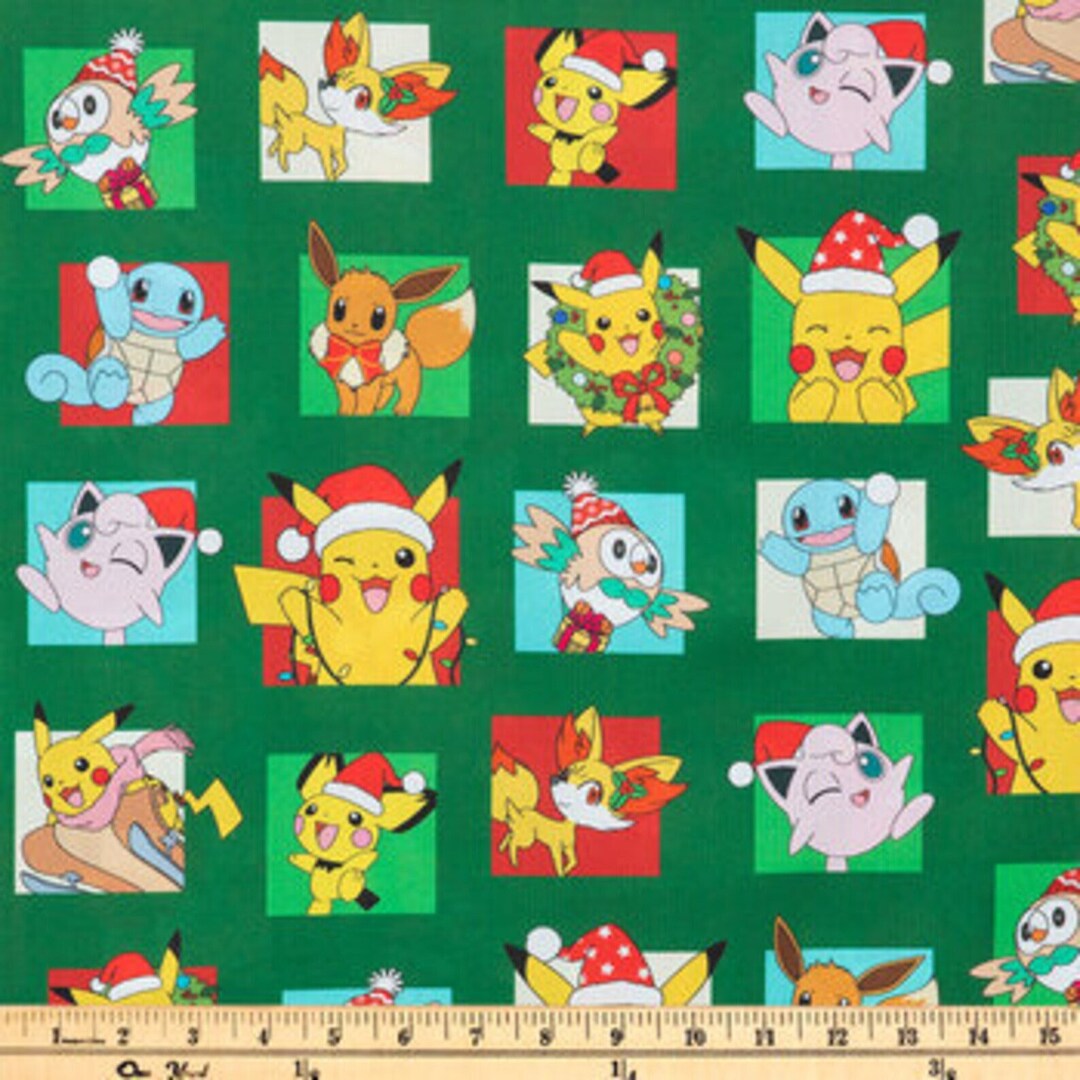 Christmas Hat Santa Pokemon Pikachu Squirtle Print Fabric by the Yard ...