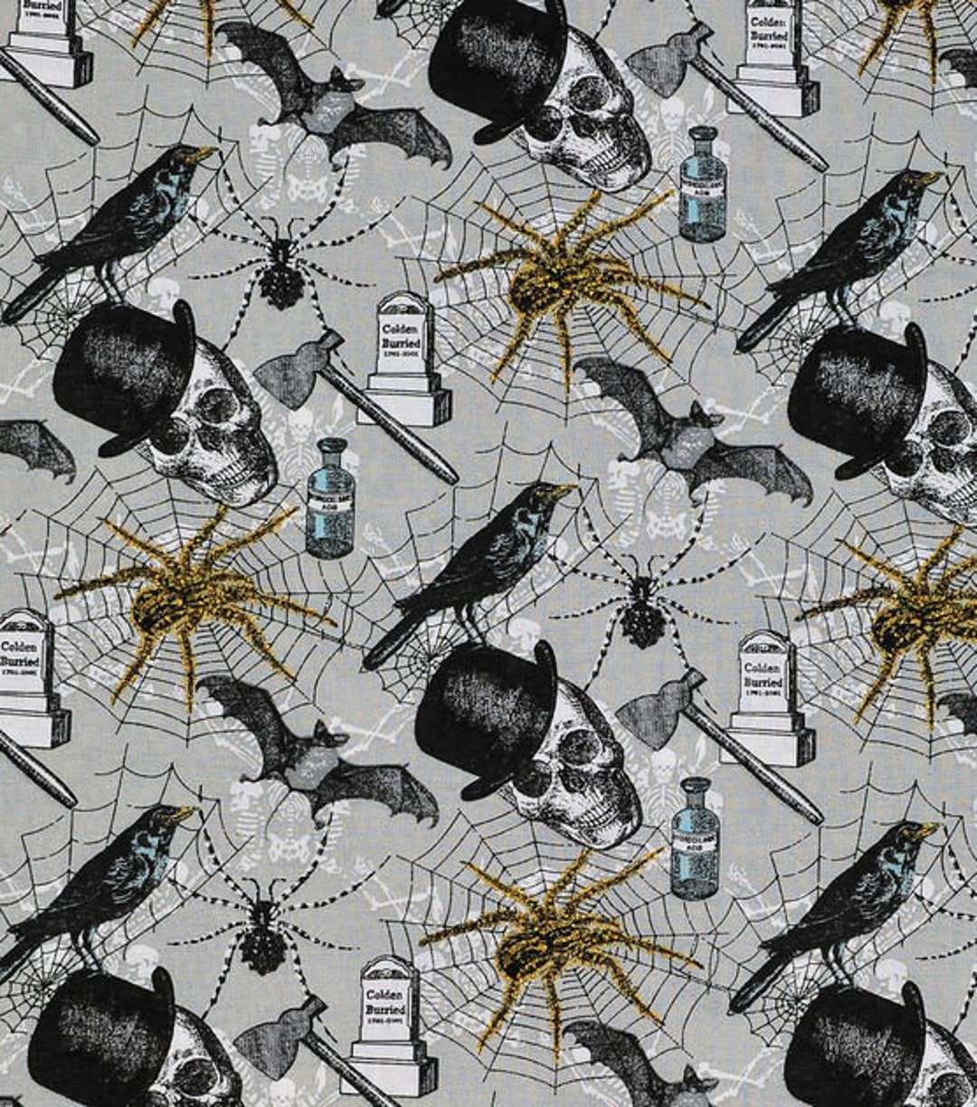 Icons Metallic Spider Venom Death Halloween Skull Crossbones Fabric by ...