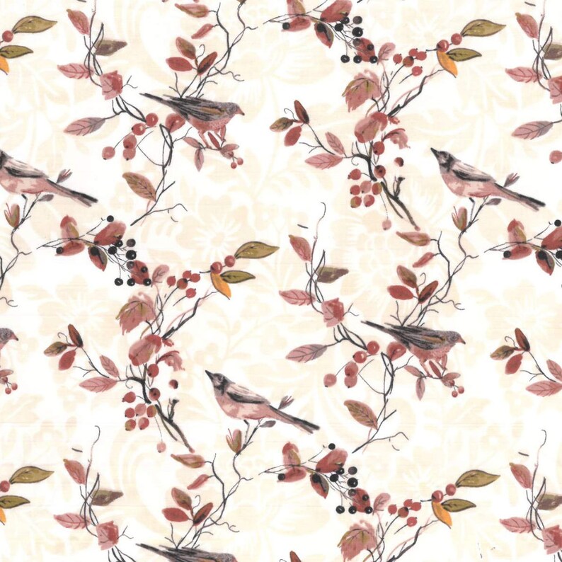 Birds & Fall Leaves Cream Red Bird Premium Berries Fabric by | Etsy