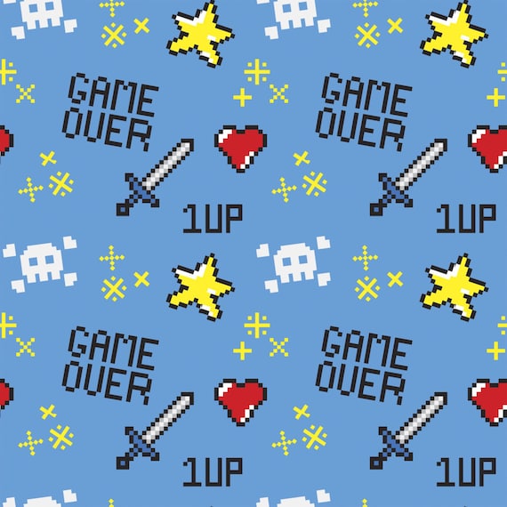Pixel Blue Game over 1UP Fabric By the Yard FBTY Fat quarters | Etsy