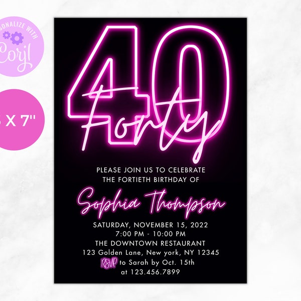 Neon 40th Birthday Invitation - Etsy